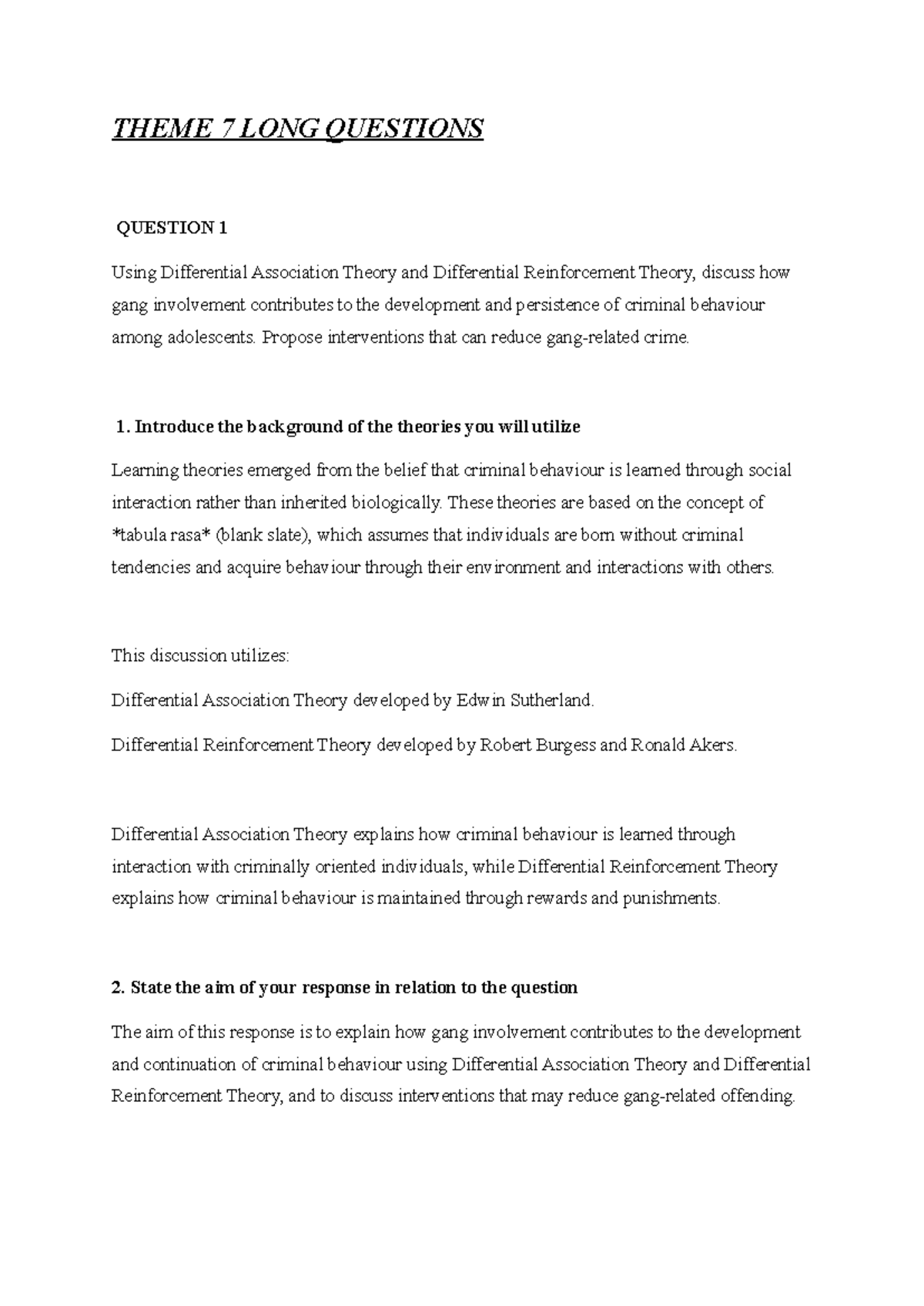 Theme 7 Long Questions - Theoretical Perspectives on Crime and ...