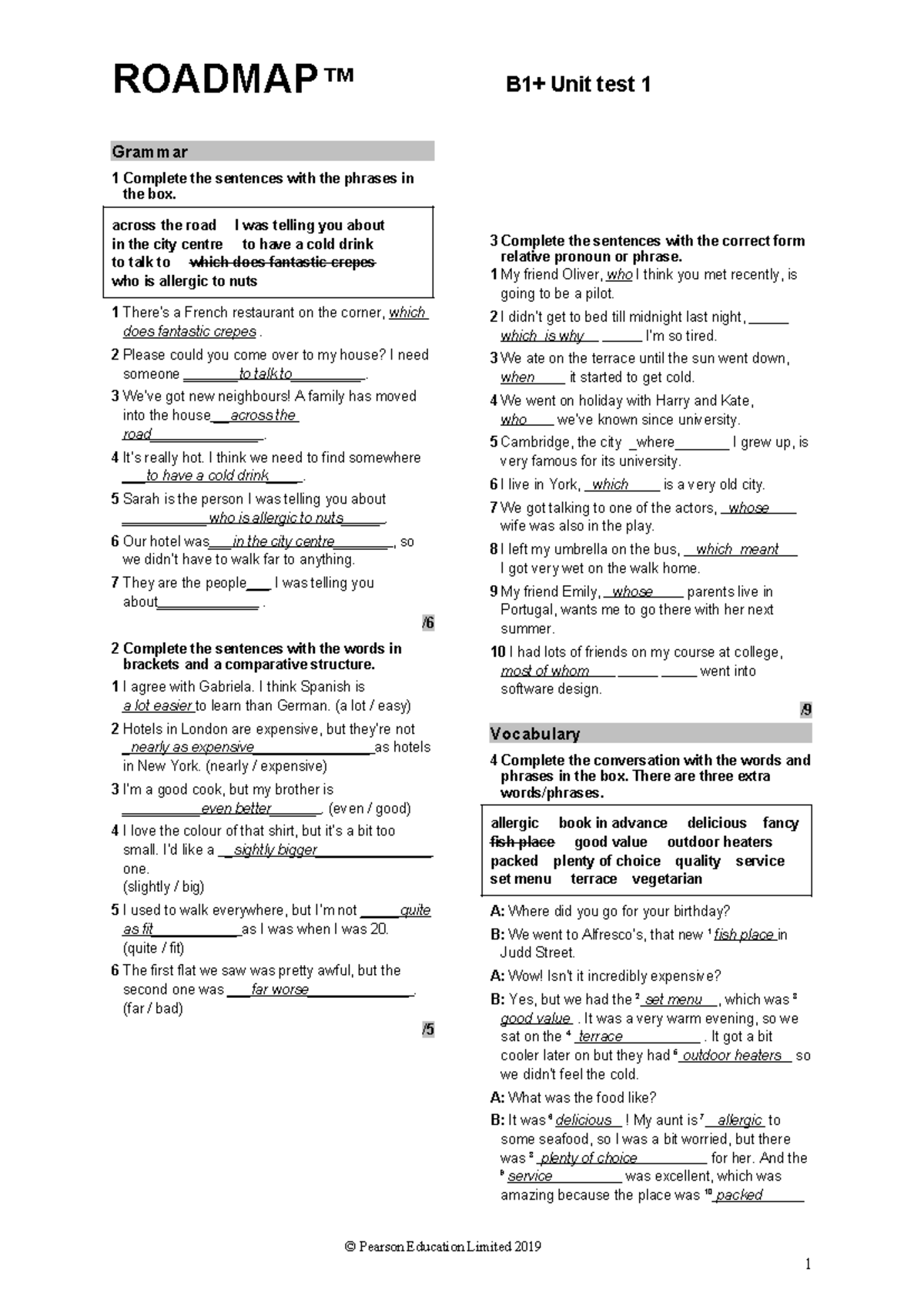Unit Test 1: Grammar Exercises and Sentence Completion - Studocu