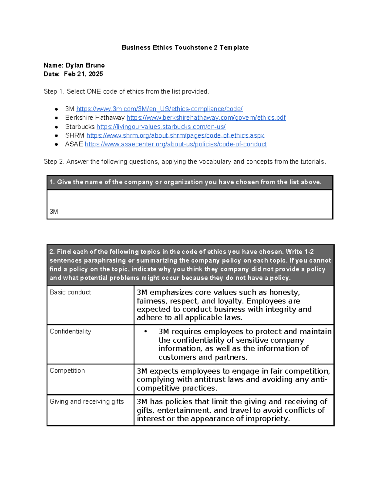 Business Ethics Touchstone 2: 3M Code of Ethics Analysis - Studocu