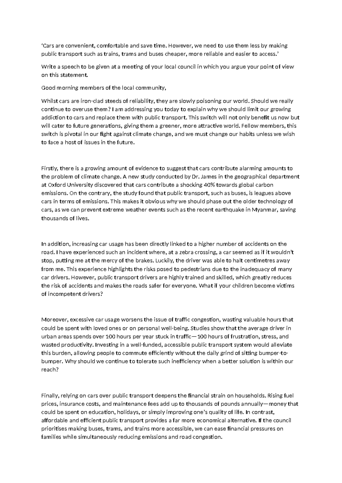 AQA GCSE English Paper 2 - Cars vs. Public Transport: A Model Speech ...