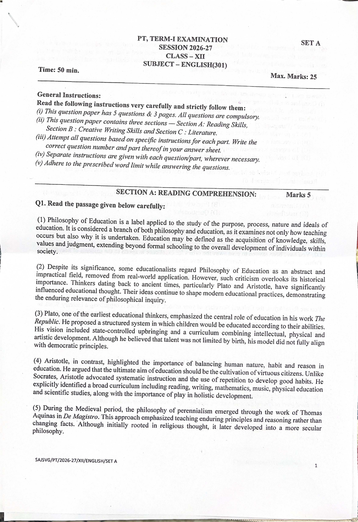 PT, ENGLISH (301) CLASS XII EXAMINATION SET A - 50 MINUTES - Studocu