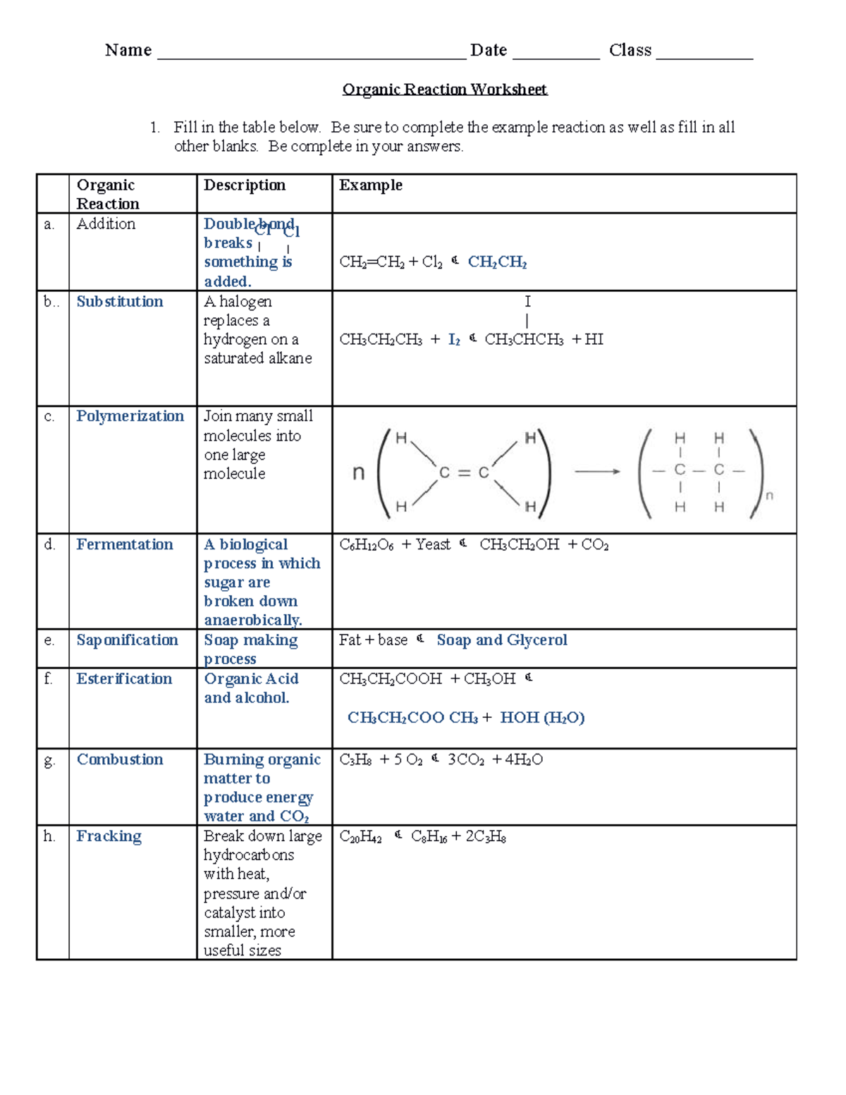 Organic Reaction Worksheet - Answer Key (With Descriptions) - Studocu