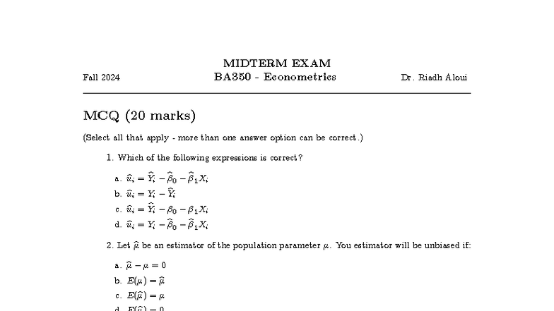 Midterm Exam BA350 Econometrics F2024 - MCQ & Exercises - Studocu
