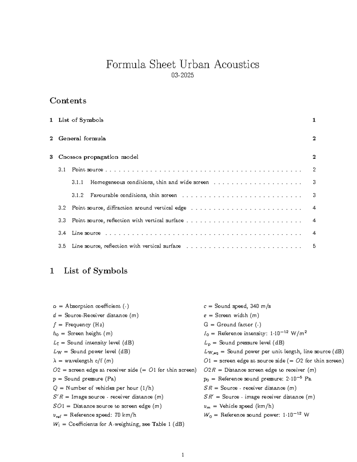 Formula Sheet for Urban Acoustics: Key Concepts and Models - Studeersnel