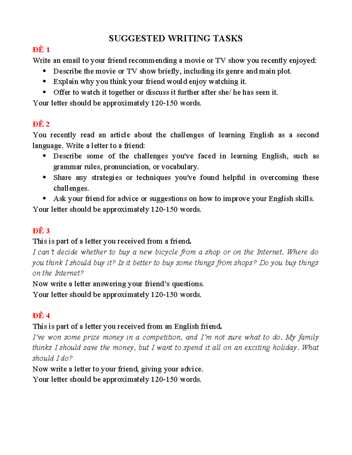 English 25 Writing Tasks: Letters and Emails for Various Topics - Studocu