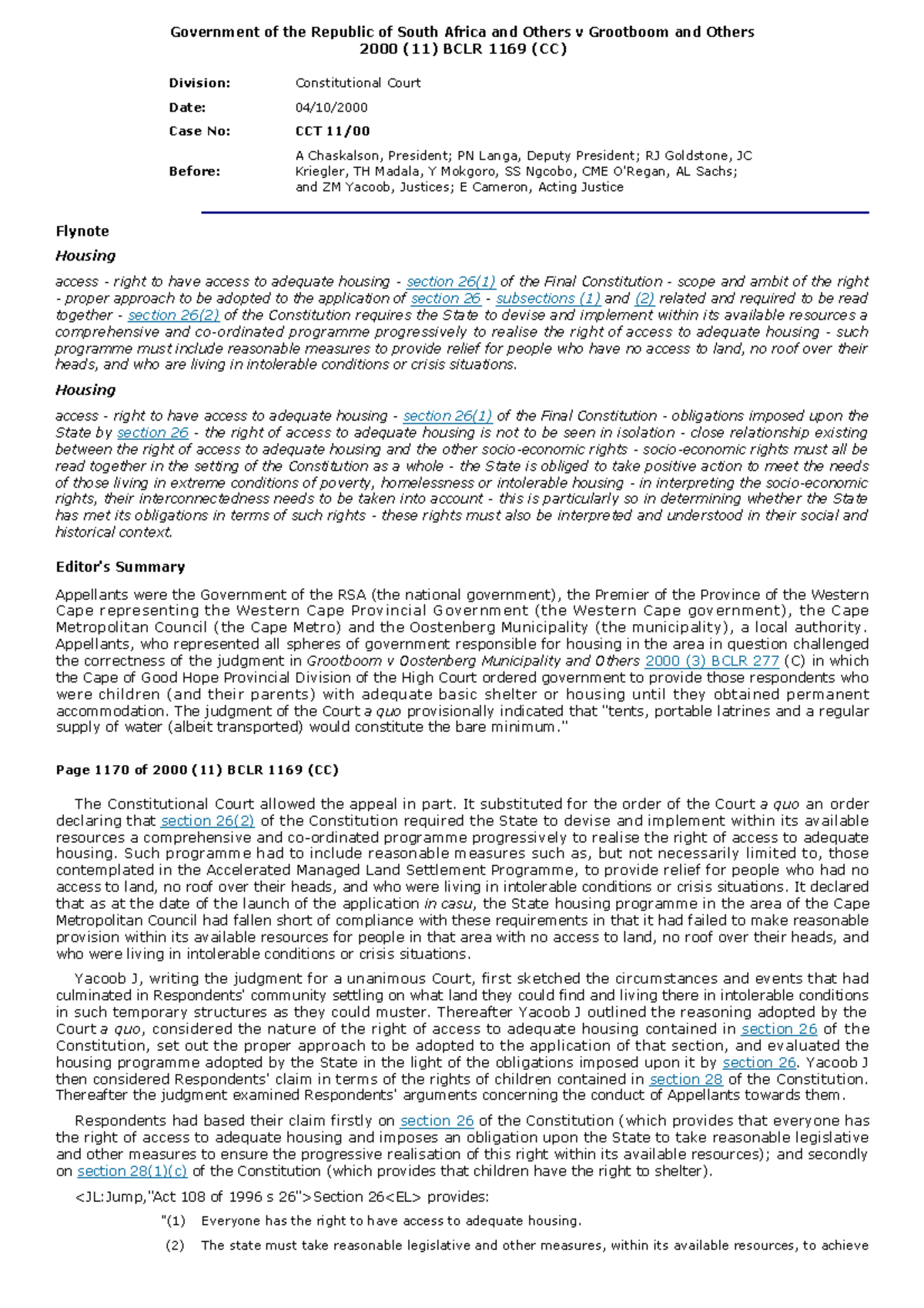 Government of South Africa v Grootboom: Housing Rights Case (CCT 11/ ...