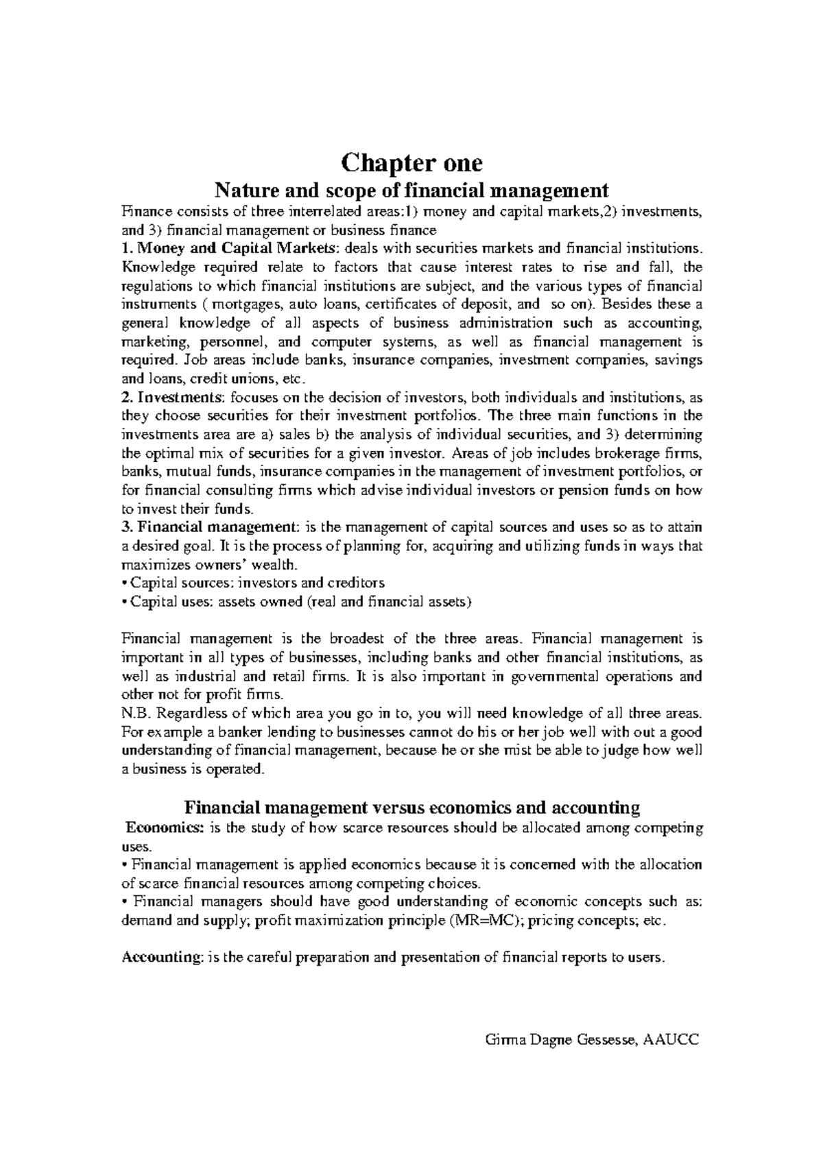 Chapter one - Chapter one Nature and scope of financial management ...