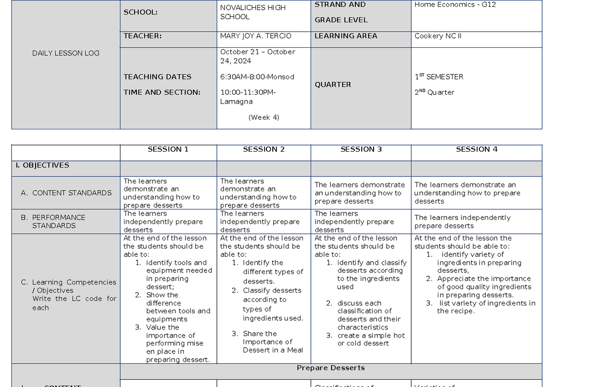 DLL Cookery - Daily Lesson Plan for Dessert Preparation (Quarter 2 ...