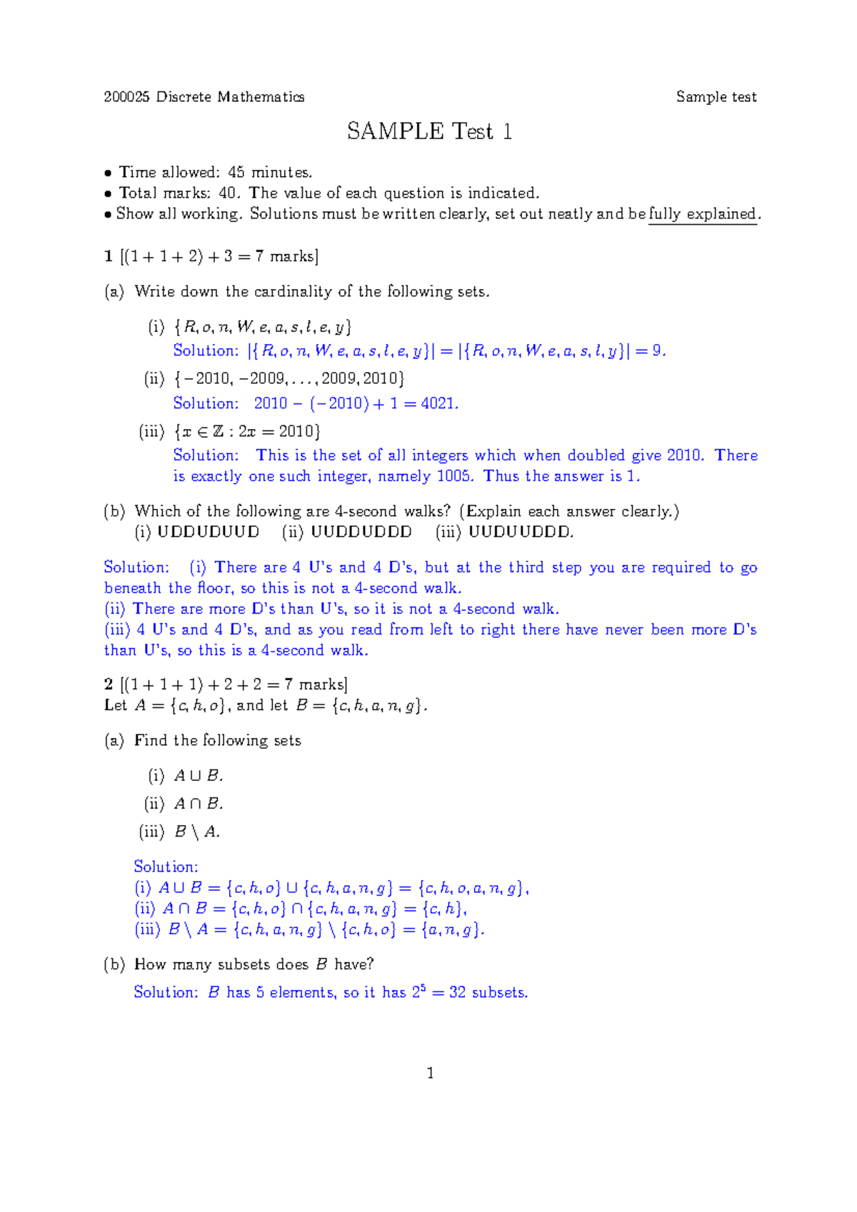 DM sample class test 1 solutions Autumn 2021 - 200025 Discrete ...