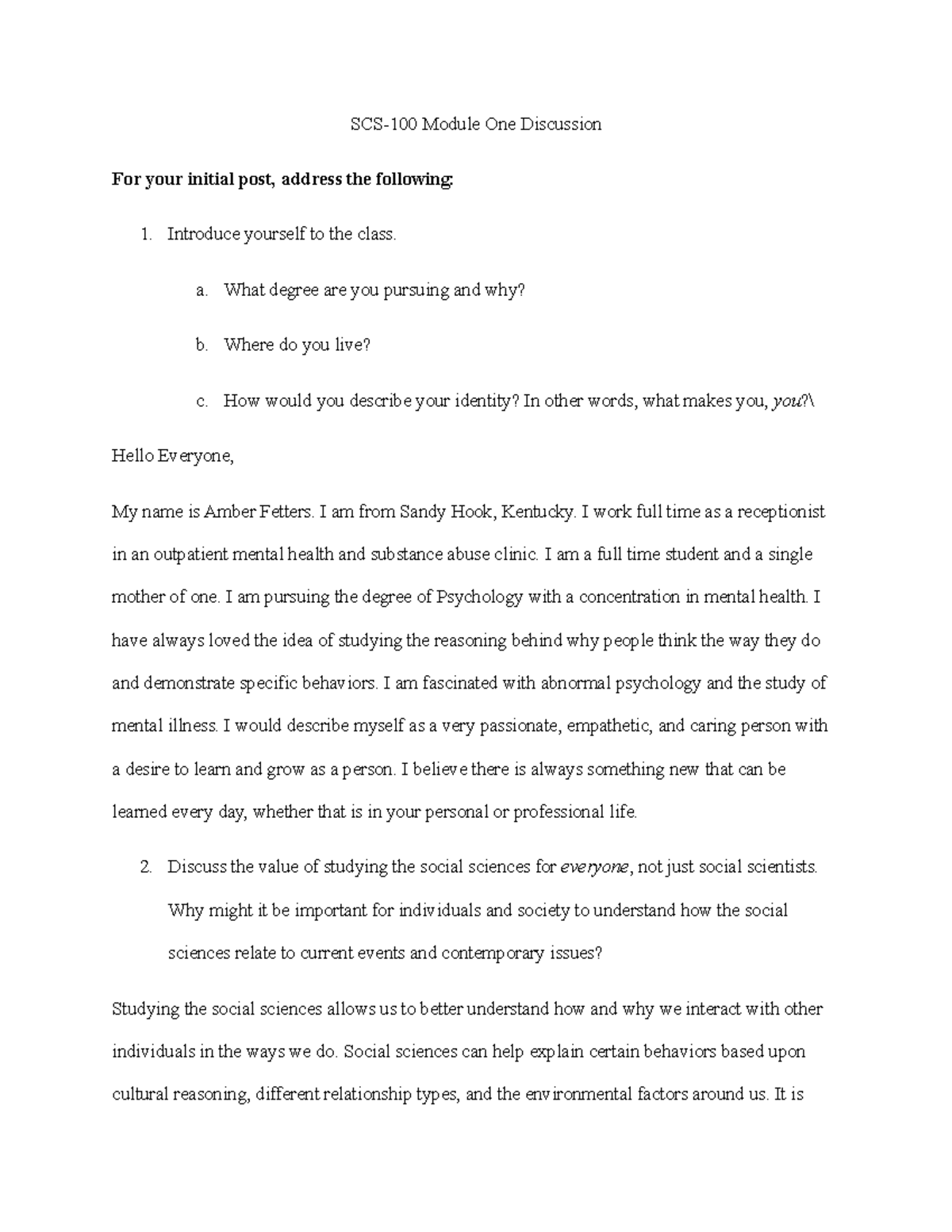 SCS 100 Module 1 Introductory Discussion Insights and Reflections - Studocu