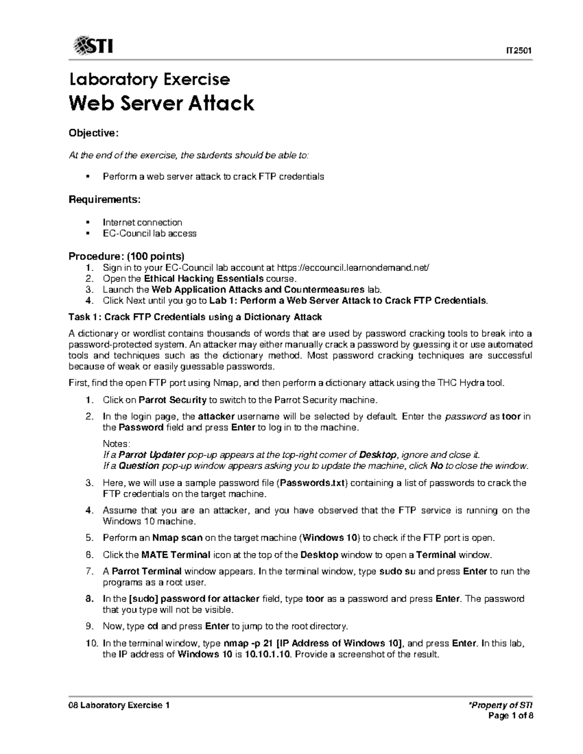 IT2501 Lab Exercise: Web Server Attack & FTP Credential Cracking - Studocu