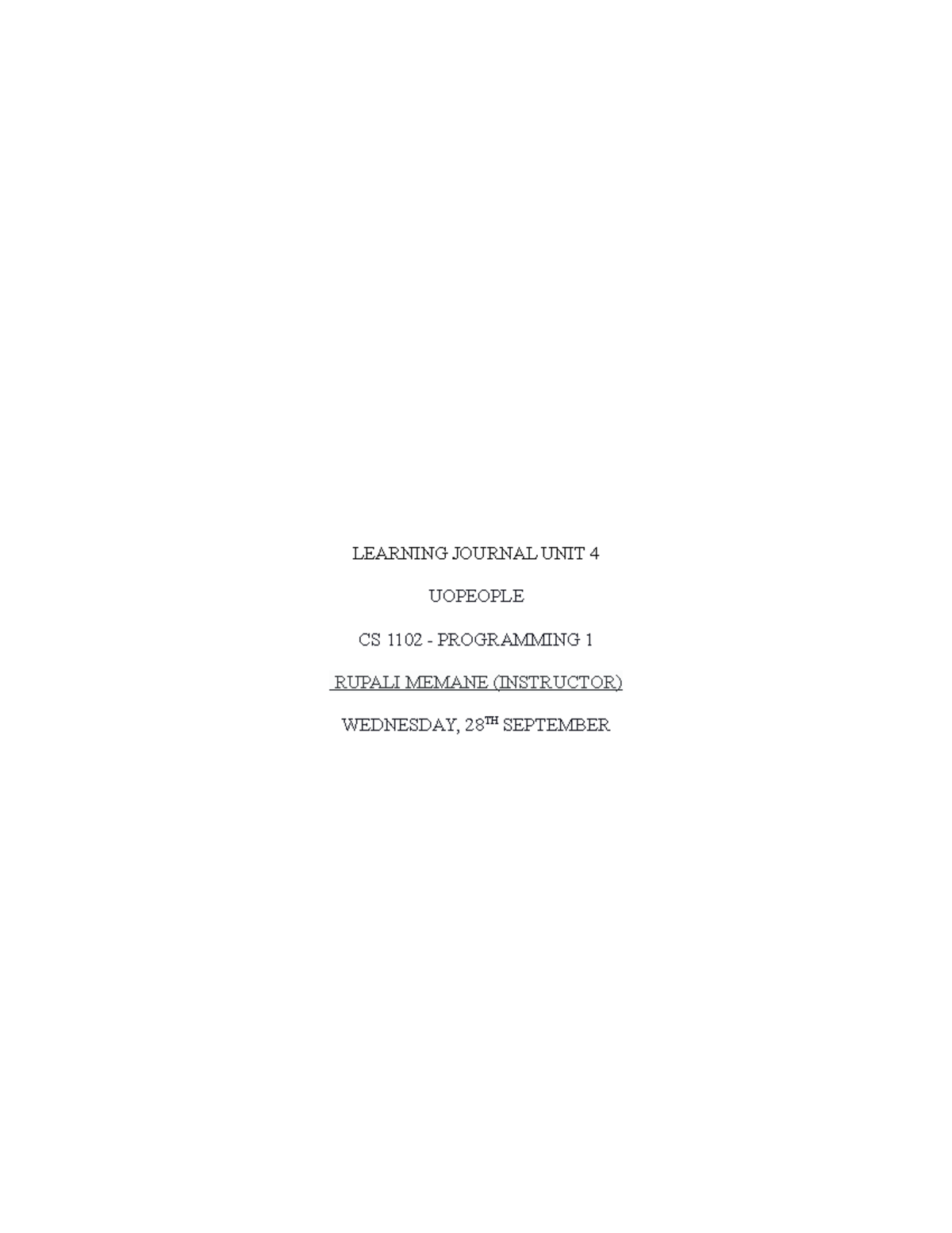 CS 1102 Learning Journal Reflection - Unit 4 Insights - Studocu