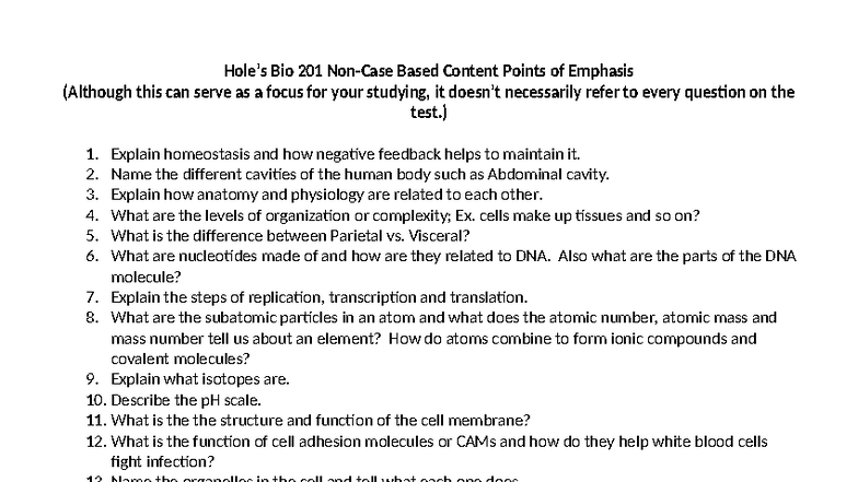 Points of Emphasis for Bio 201 Final Exam Study Guide - Studocu