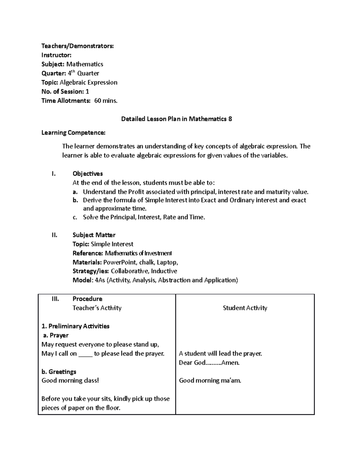 Mathematics 8 - Detailed Lesson Plan on Algebraic Expressions - Studocu