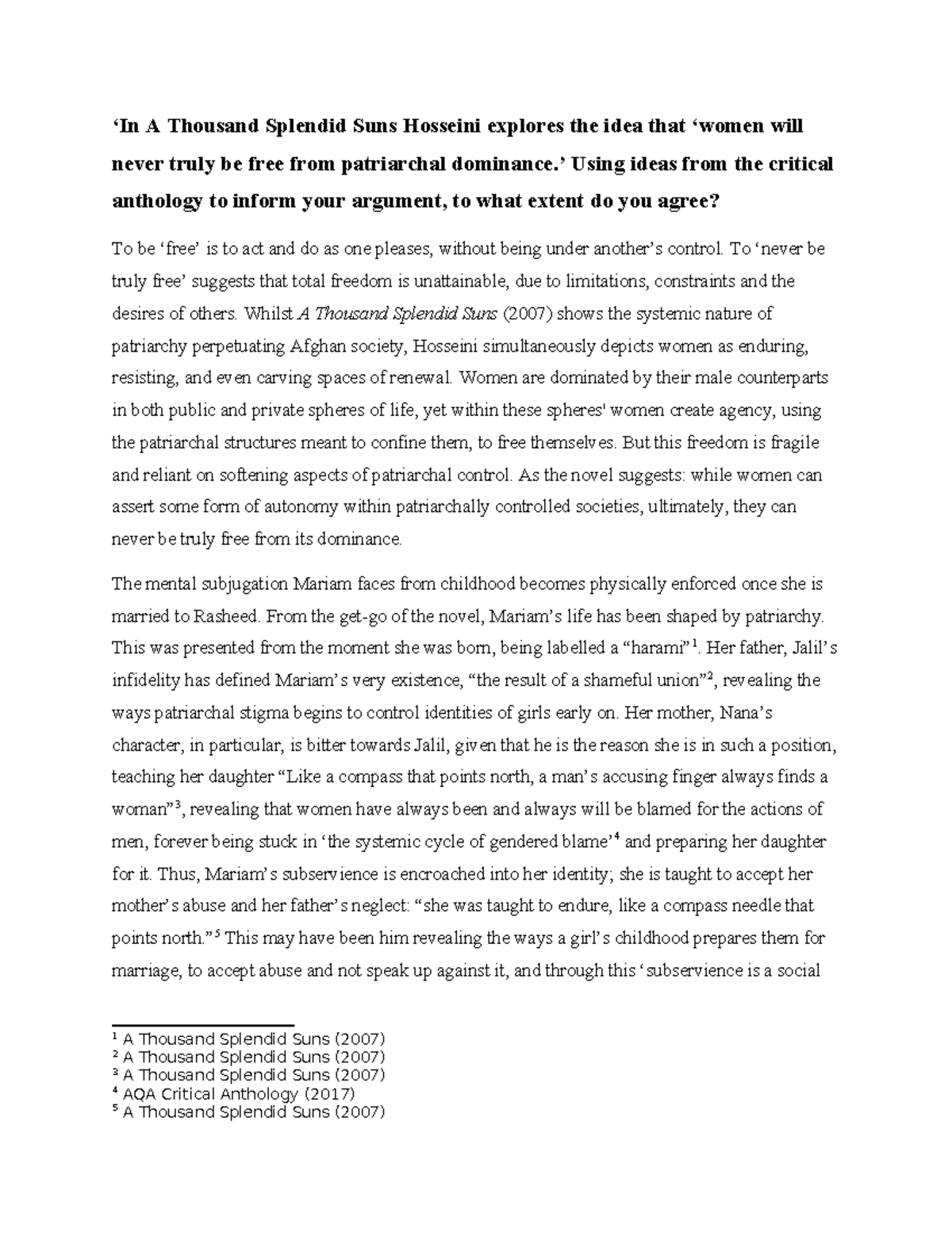 AQA NEA Prose Coursework: Feminist Themes in A Thousand Splendid Suns ...