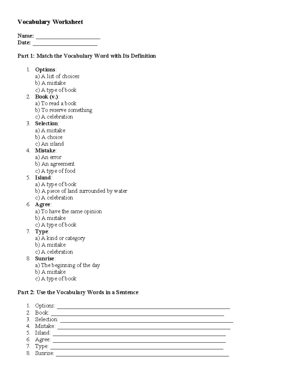 Vocabulary Worksheet: Vocabulary Matching & Fill-in-the-Blanks - Studocu