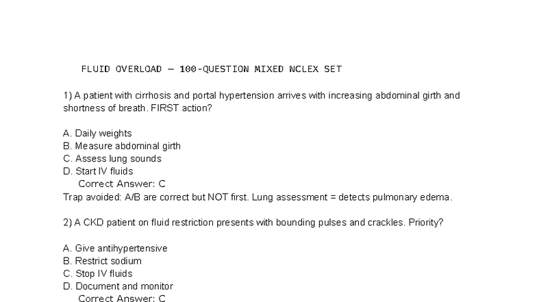 109 Final Fluid Overload — 100-Question Mixed NCLEX Set - Studocu