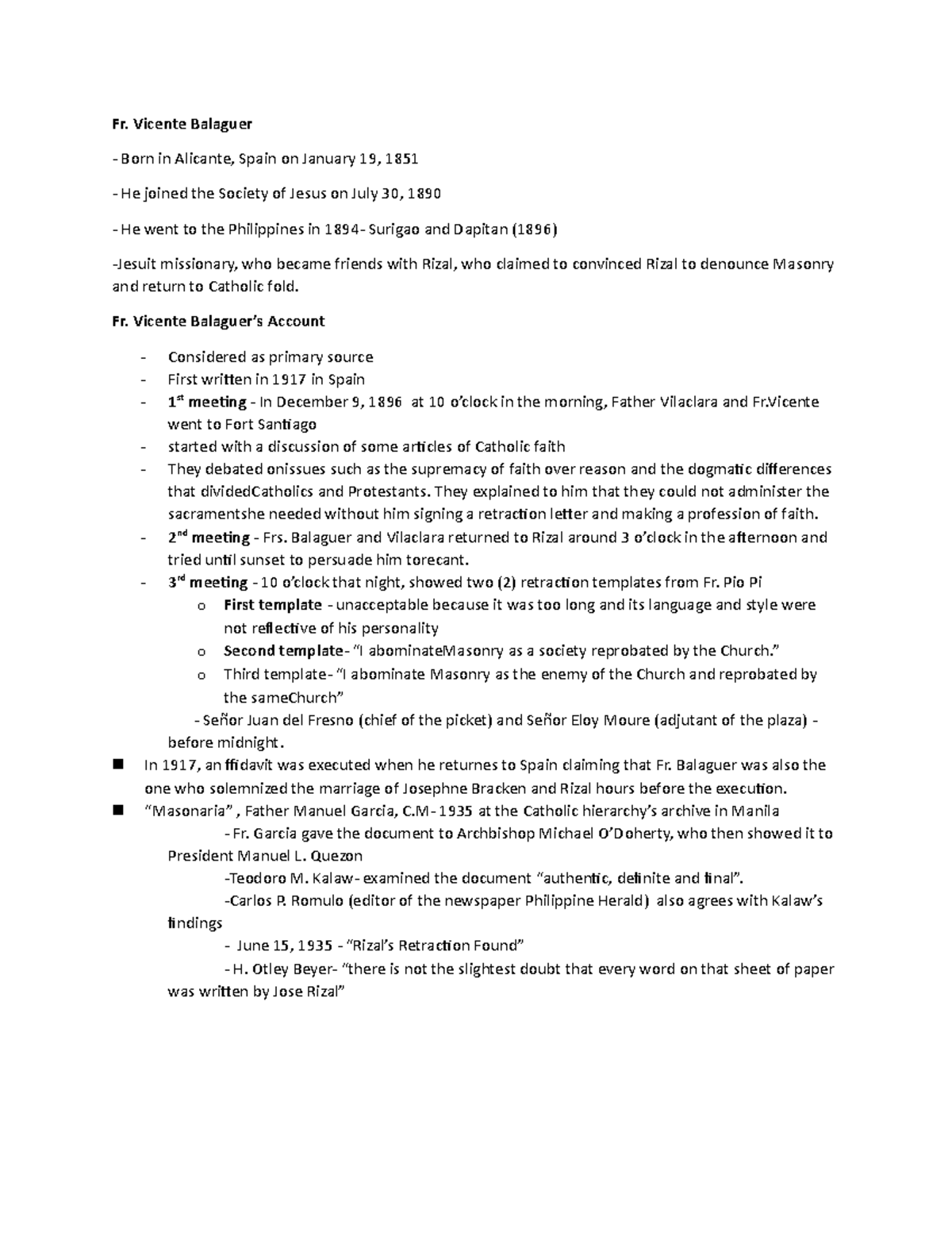 Affidavit of Fr. Vicente Balaguer: Insights into Rizal's Retraction ...