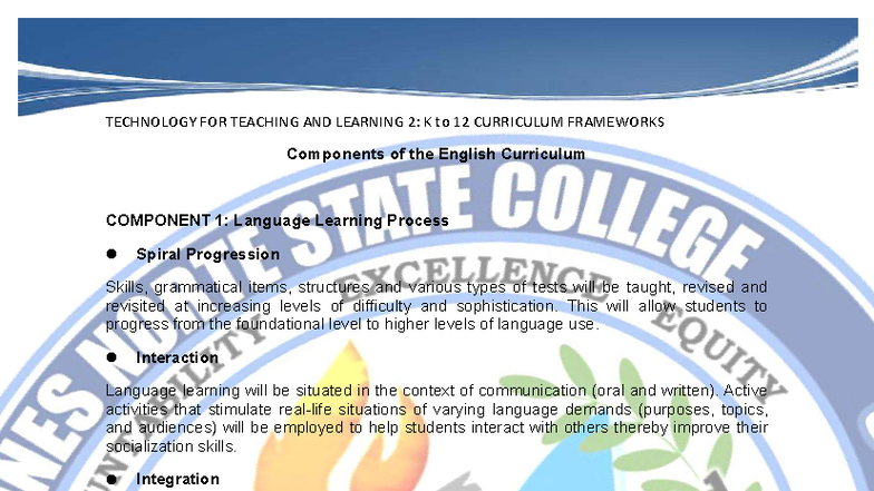 EdEng118: Components of English Curriculum - K to 12 Frameworks - Studocu