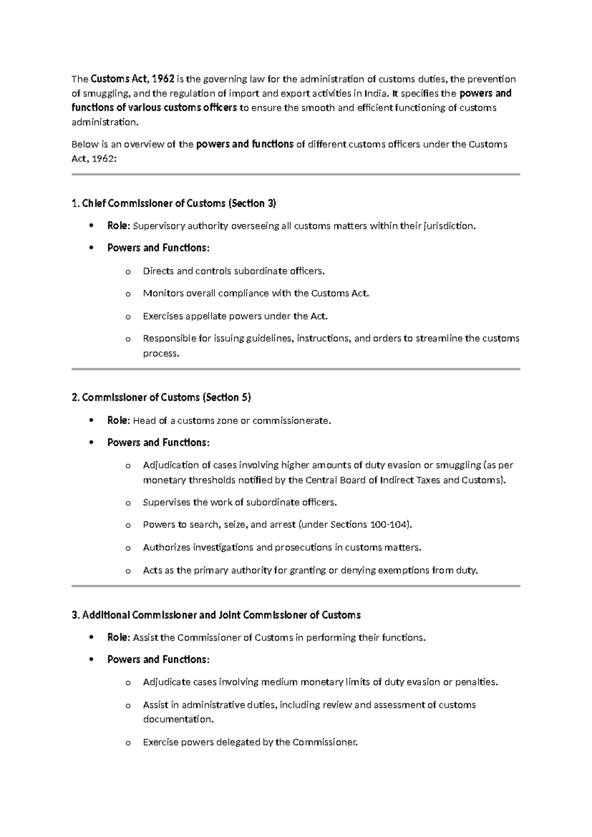 The Customs Act, 1962: Overview of Powers & Functions of Officers - Studocu