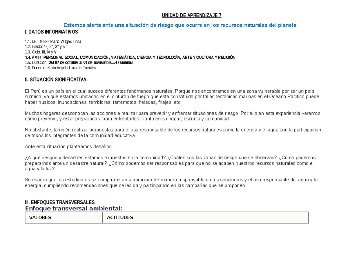 Unidad 7 - DSDDD - UNIDAD DE APRENDIZAJE 7 Estemos alerta ante una ...