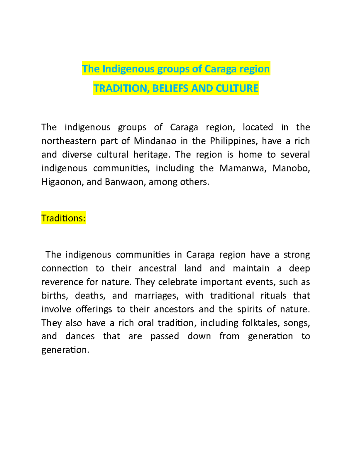 Indigenous Traditions, Beliefs & Culture of Caraga Region - Studocu