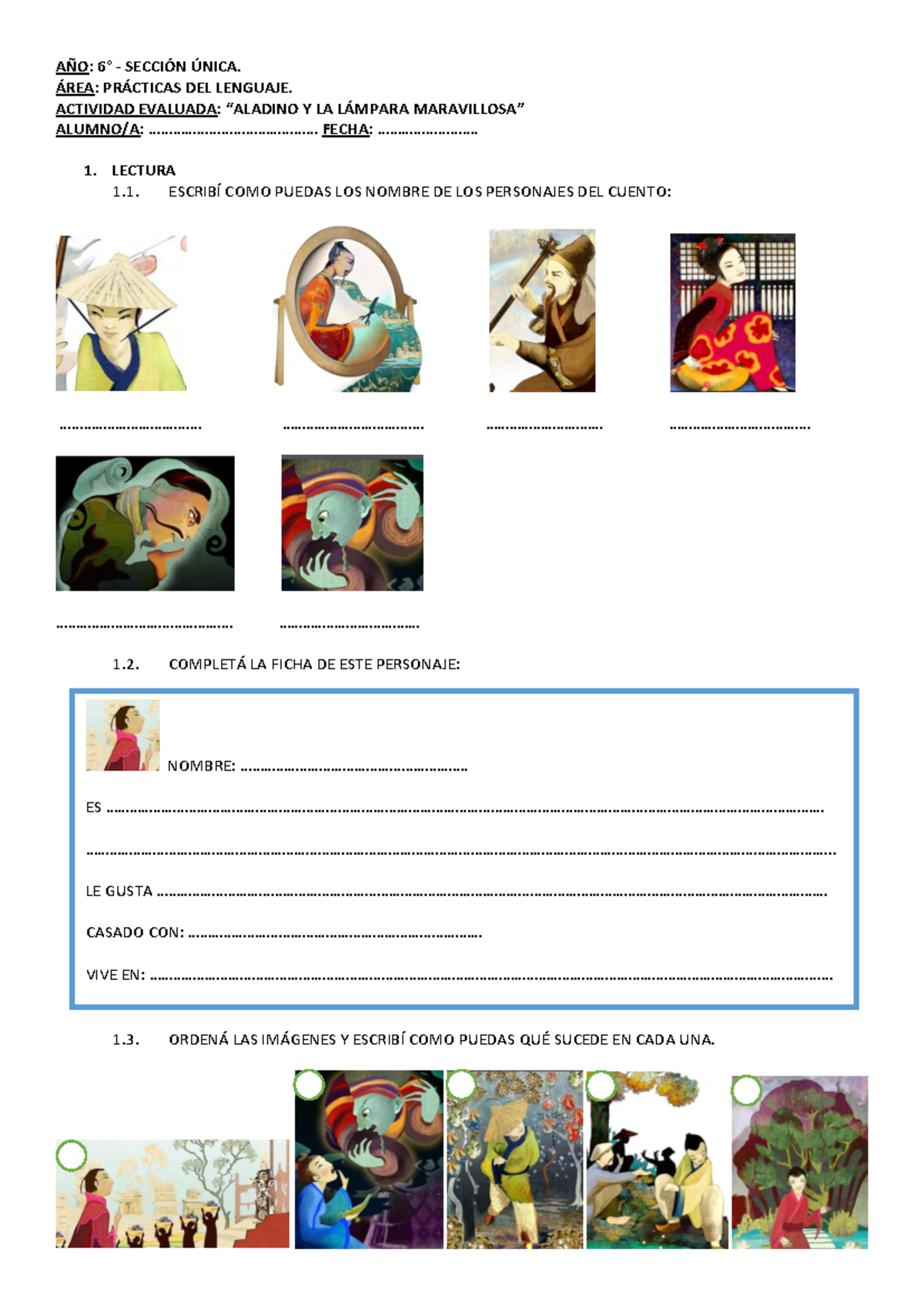 Actividades Evaluadas sobre "Aladino y la lámpara maravillosa" - 6° AÑO ...