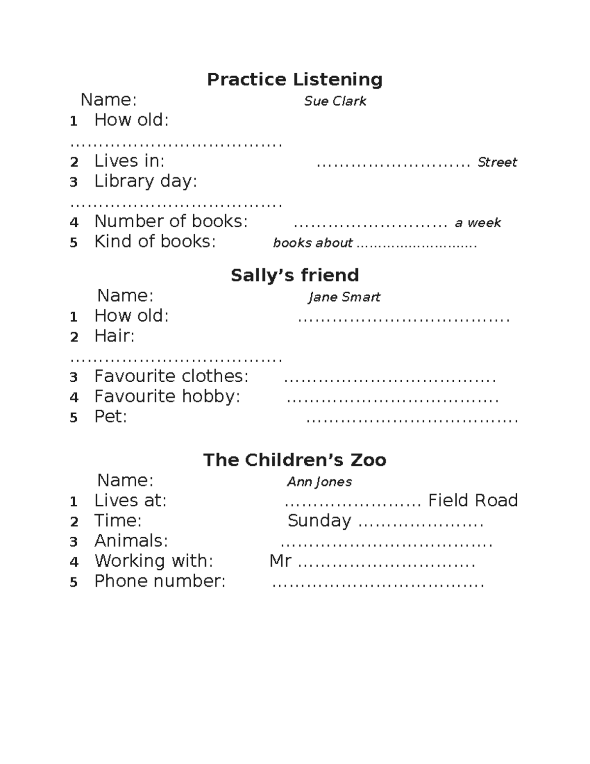 Practice Listening - hello - Practice Listening Name: Sue Clark 1 How ...