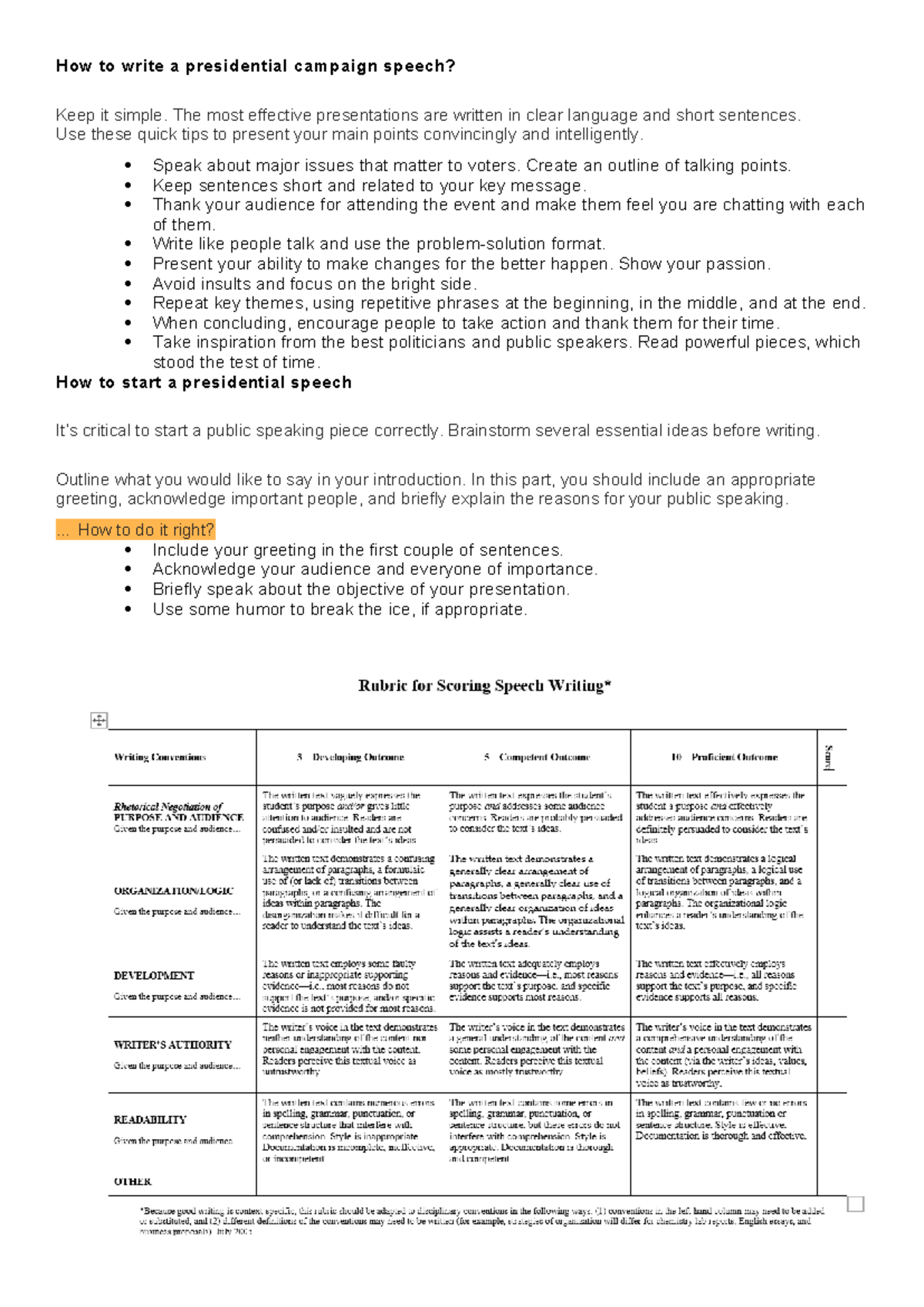 Guidelines for Writing a Presidential Campaign Speech - Studocu