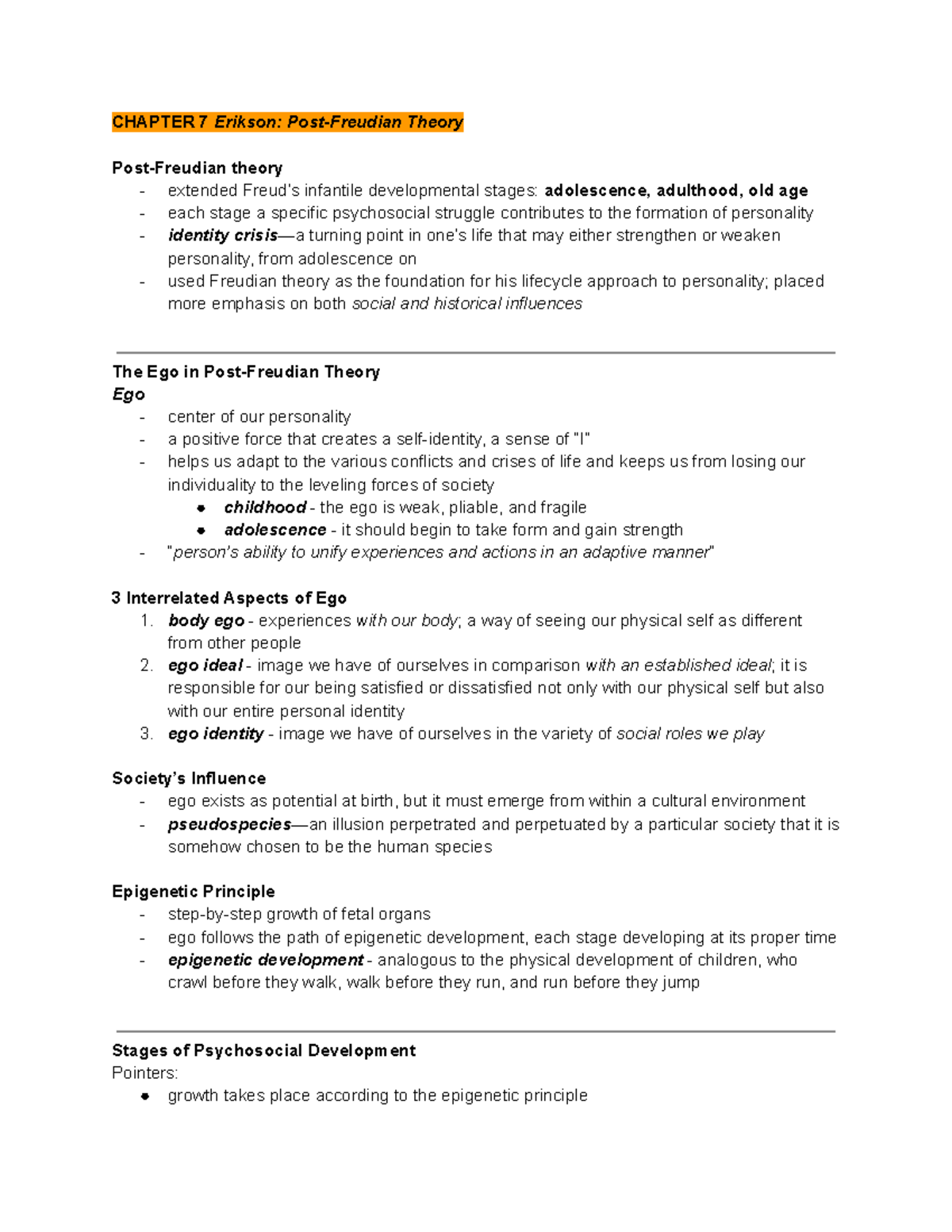 DEFINITION OF TERMS TOP Chapter 7-9 - CHAPTER 7 Erikson: Post-Freudian ...
