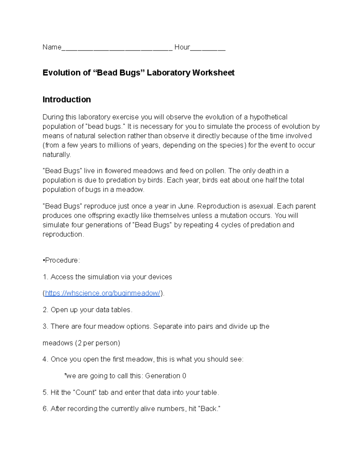 Bead bug simulation - i need answers - Name ...