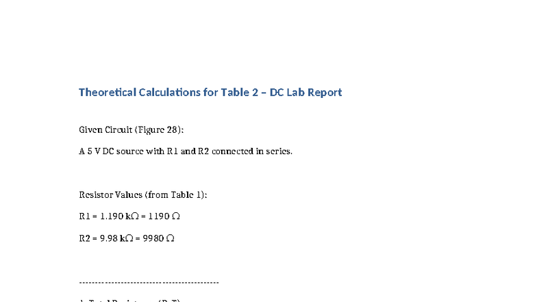 DC Lab Report: Theoretical Calculations for Table 2 (5V Circuit) - Studocu