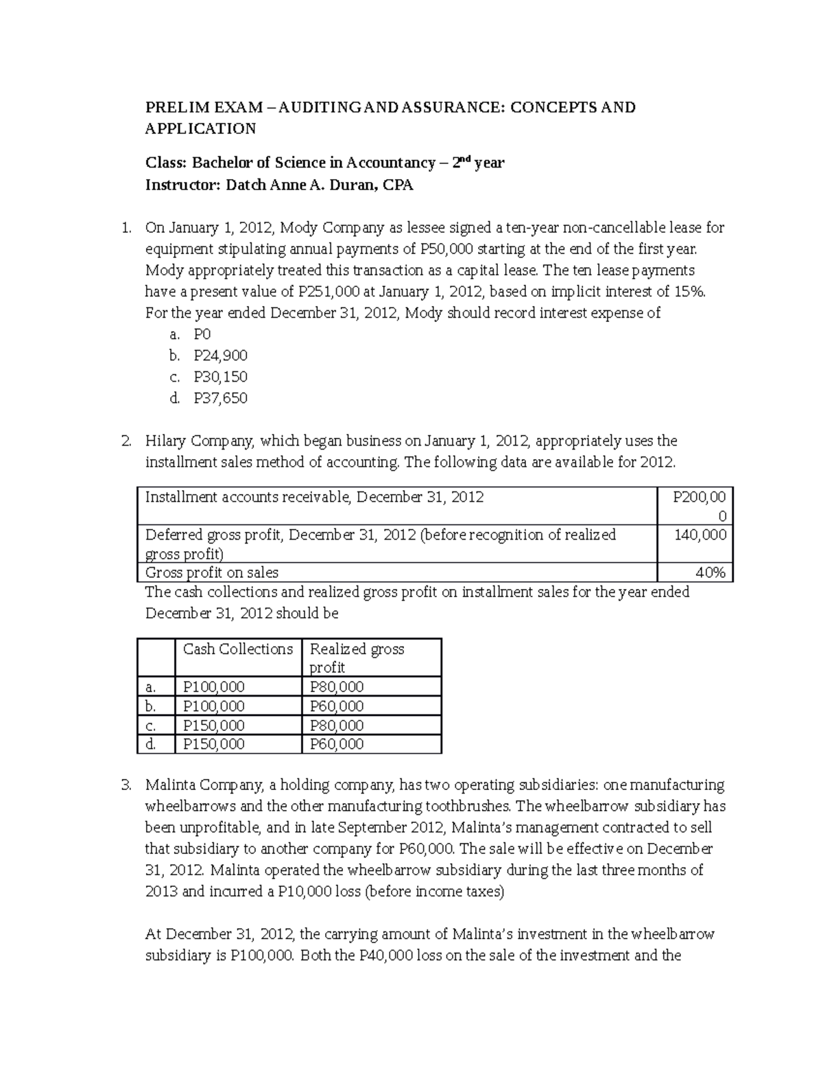 Prelim EXAM Concepts AND Application - PRELIM EXAM – AUDITING AND ...