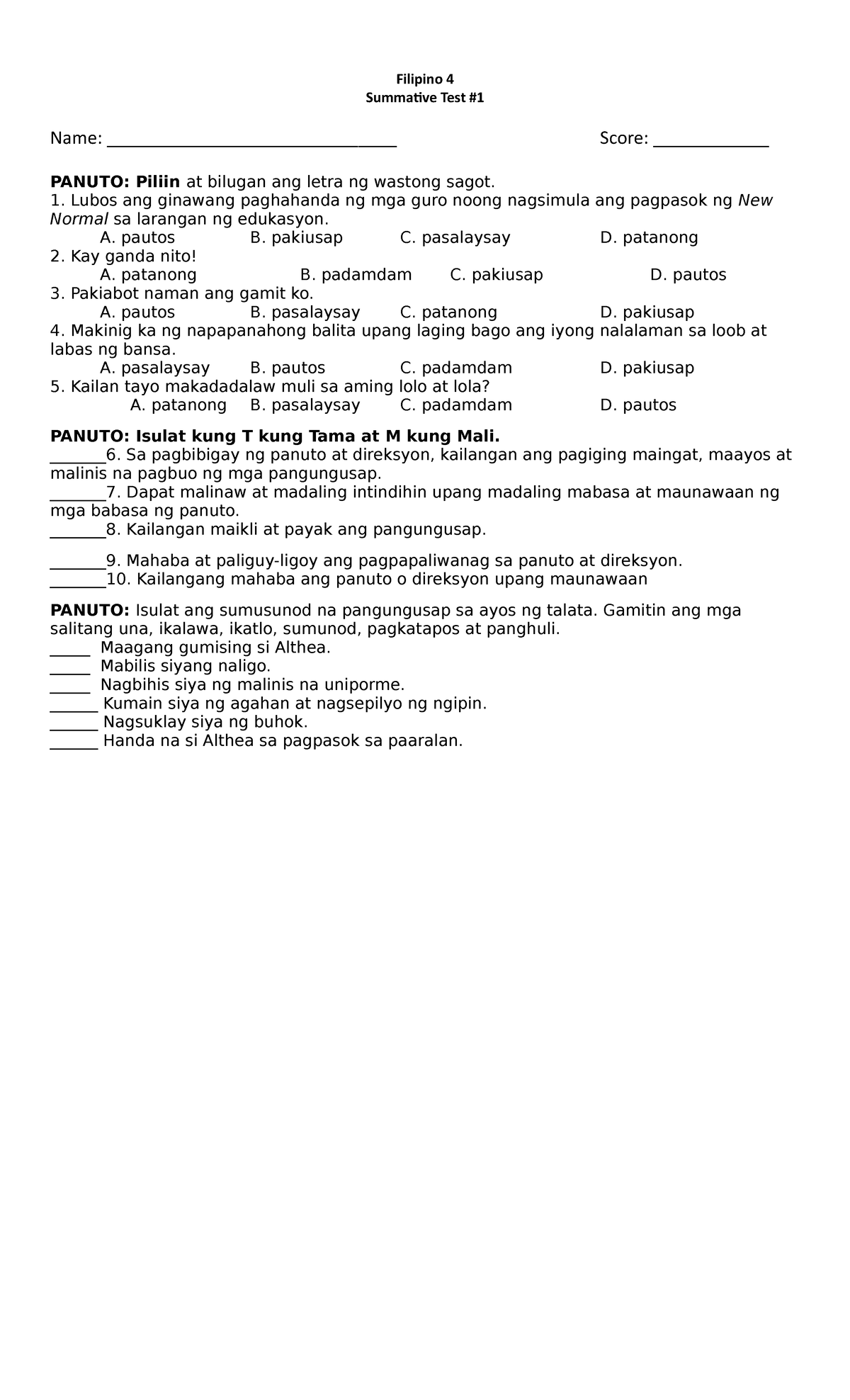 Filipino 4 Summative Test 1 for 4th Quarter Evaluation - Studocu