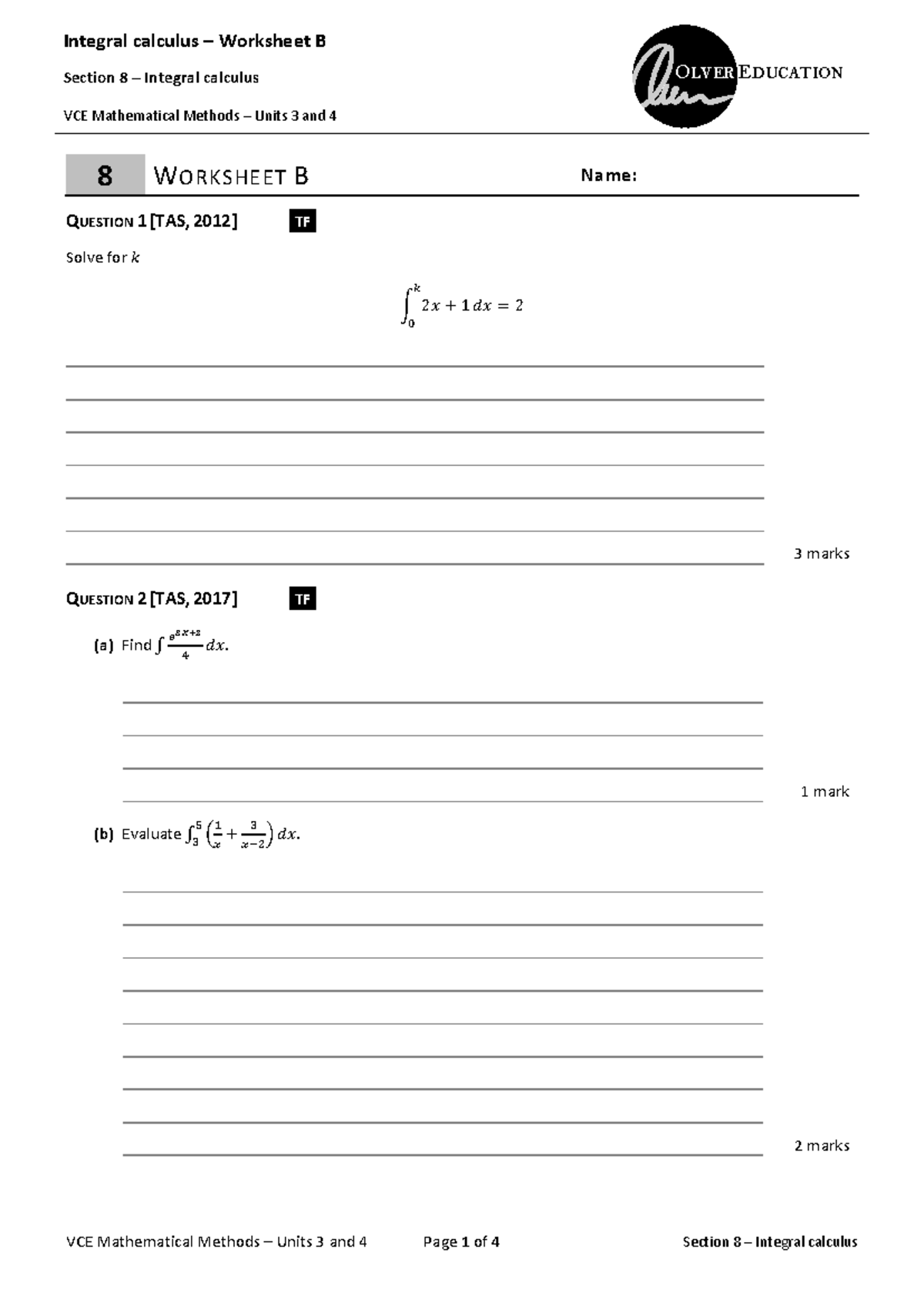Yr12 Maths MM Integral Calculus Worksheet B - Integral calculus ...