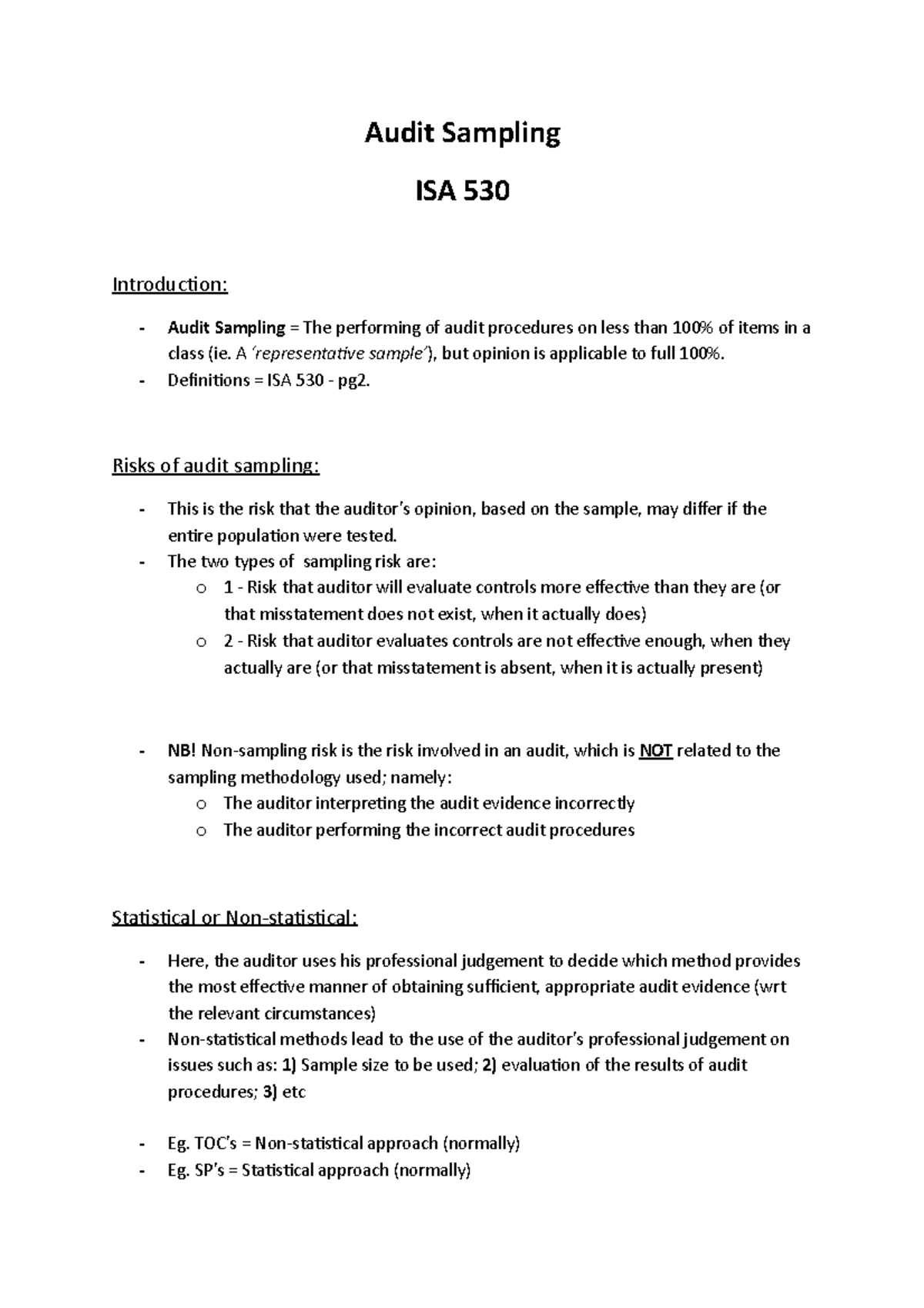 ISA 530 Audit Sampling: Understanding Risks and Procedures - Studocu