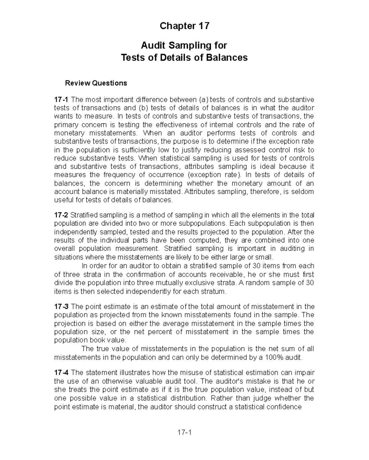 Solution Manual Auditing II Chapter 17 - Chapter 17 Audit Sampling for ...