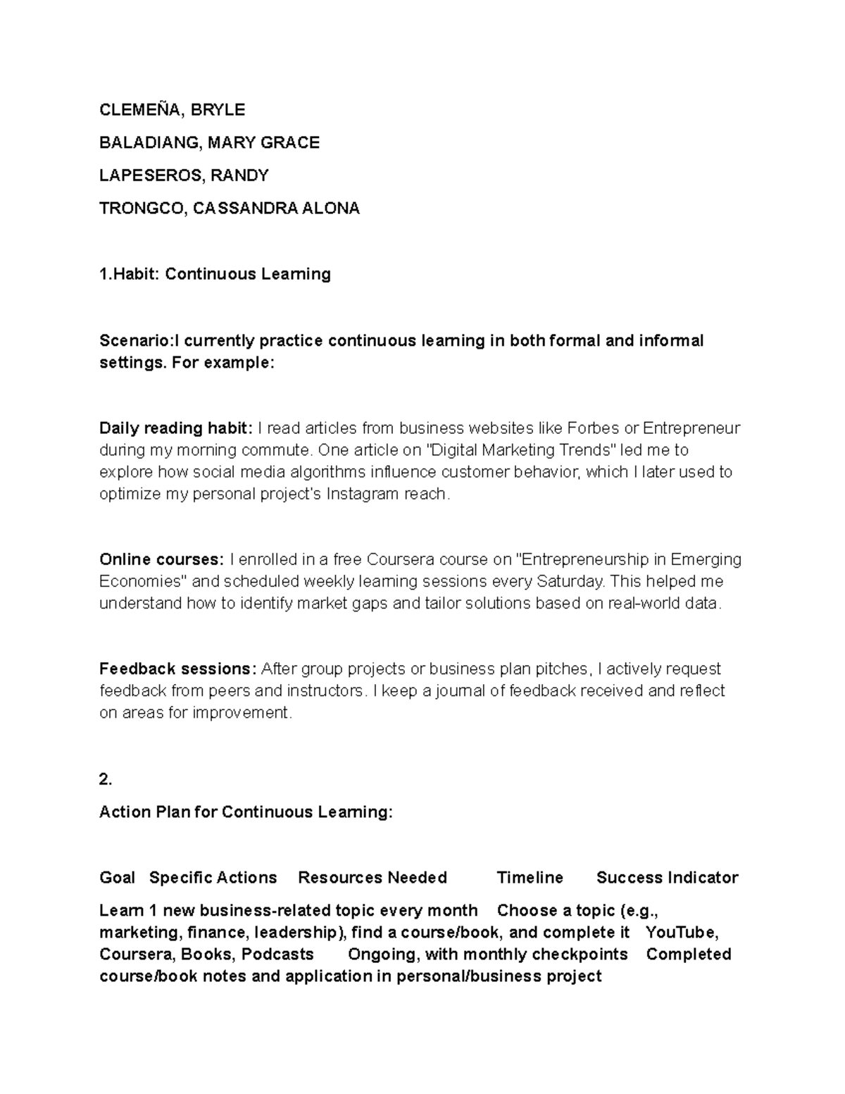 Continuous Learning Action Plan & Journal: Task Performance Analysis ...