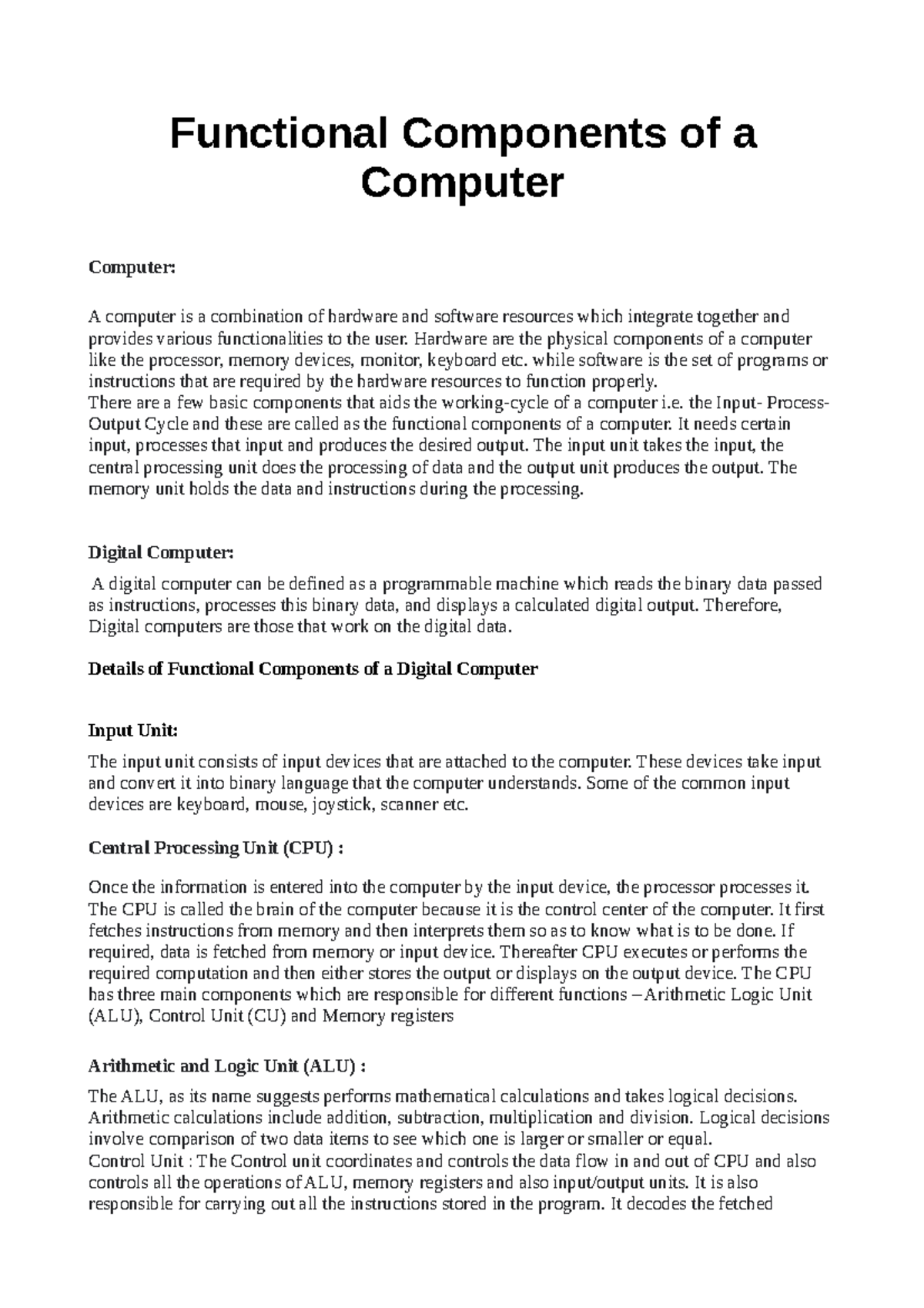 Fundamental of computer - Functional Components of a Computer Computer ...