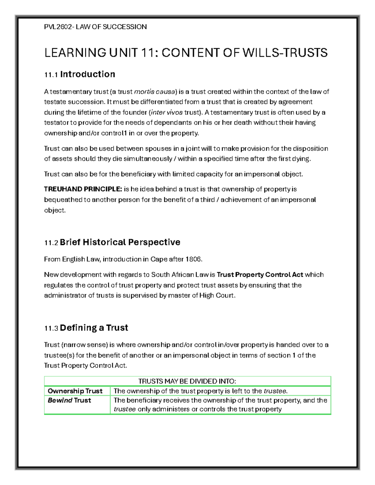 PVL2602 LU11&12 Summary - LEARNING UNIT 11: CONTENT OF WILLS-TRUSTS 1 1 ...