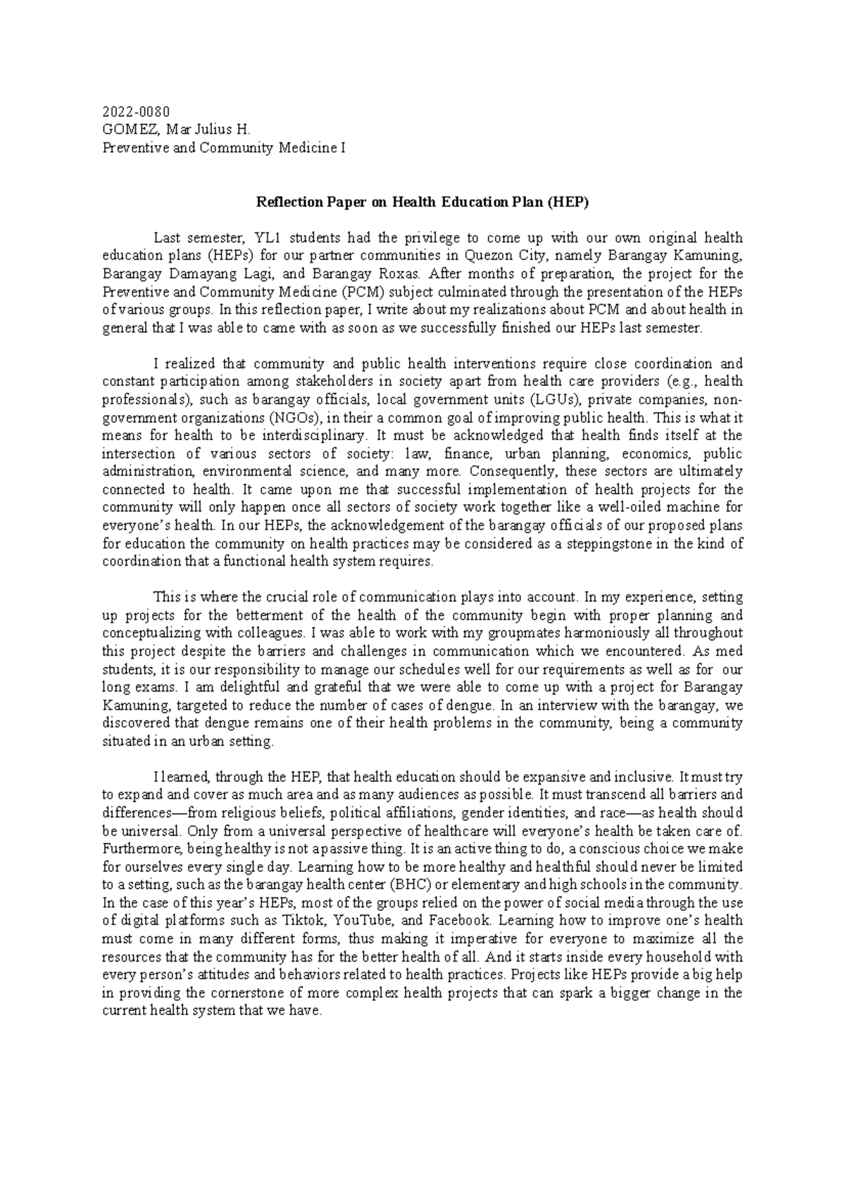 reflection paper - 2022- GOMEZ, Mar Julius H. Preventive and Community ...
