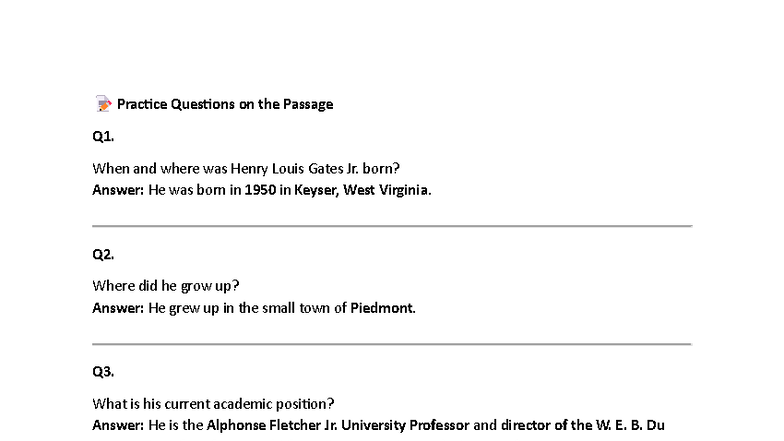 Practice Questions on Passage - GFFT CFGY 457 - Studocu