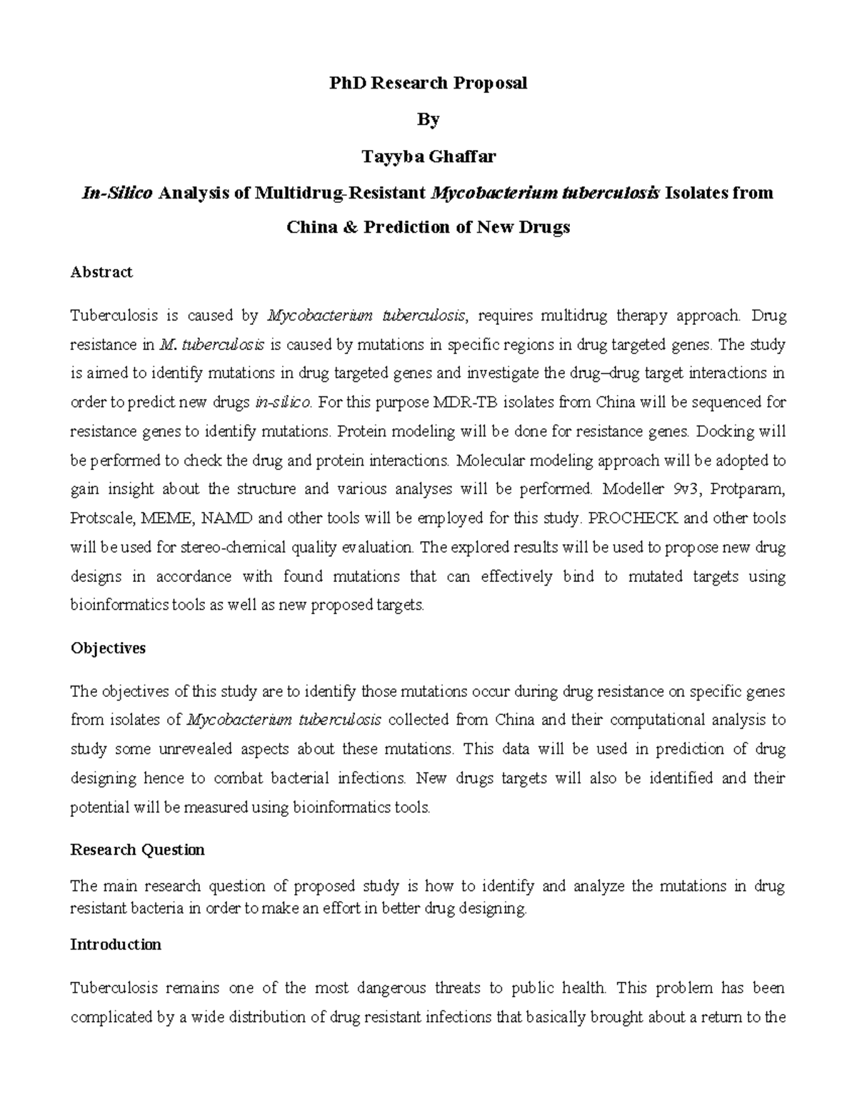 PhD Research Proposal: In-Silico Drug Discovery for MDR Mycobacterium ...