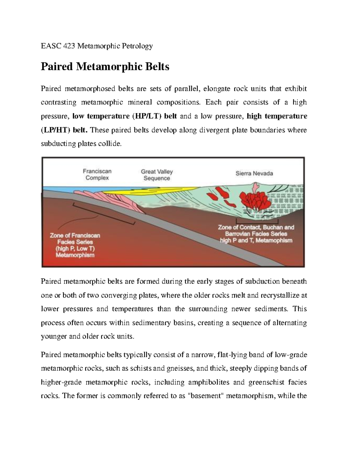 EASC 423 Paired Metamorphic Belts Overview and Formation Insights - Studocu