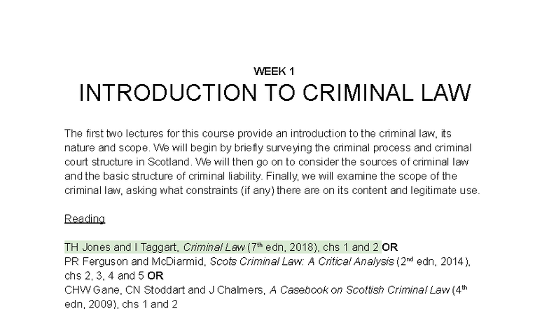 WEEK 1: INTRO TO CRIMINAL LAW (CRIM 101) - LECTURE NOTES - Studocu