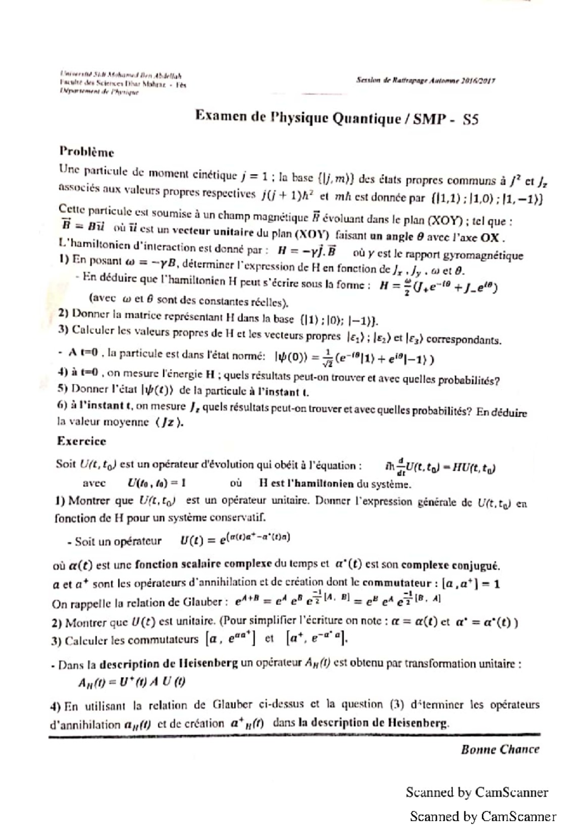 Examen 8 Mécanique quantique 2 SMP5 FSDM - Physique - Studocu