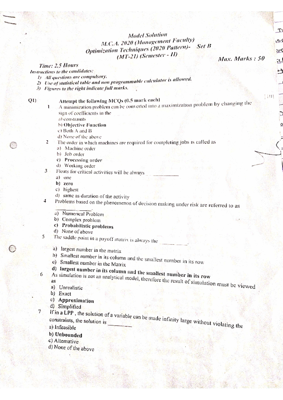 OT-2020 Semester II Model Solution M.C. for Optimization Techniques Exam - Studocu
