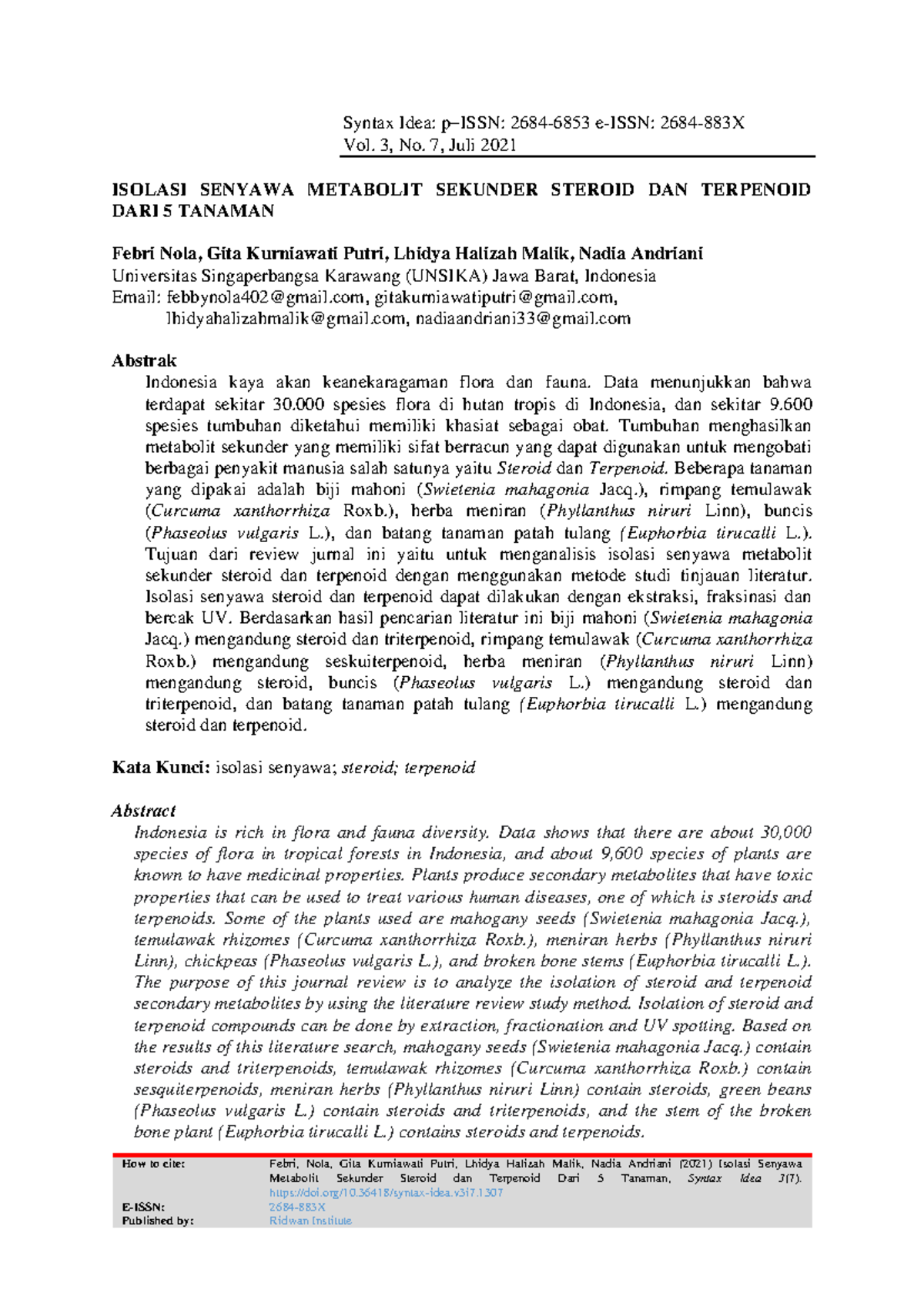 Isolasi Senyawa Metabolit Sekunder Steroid dan Terpenoid dari 5 Tanaman ...