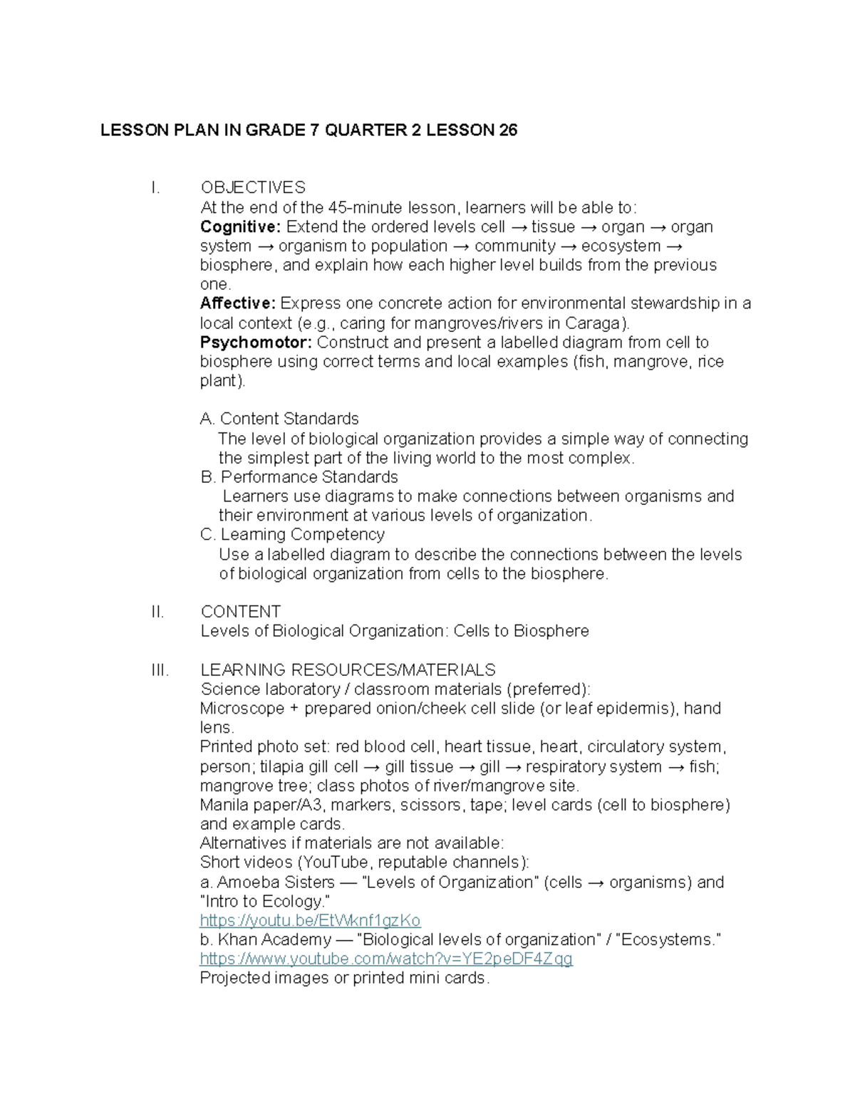 G7 Q2 C8 L26 - Science Lesson Plan: Levels of Biological Organization ...