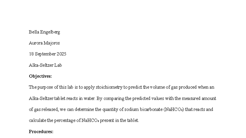 Alka-Seltzer Lab (CHEM 101) - Stoichiometry & Gas Production Analysis ...